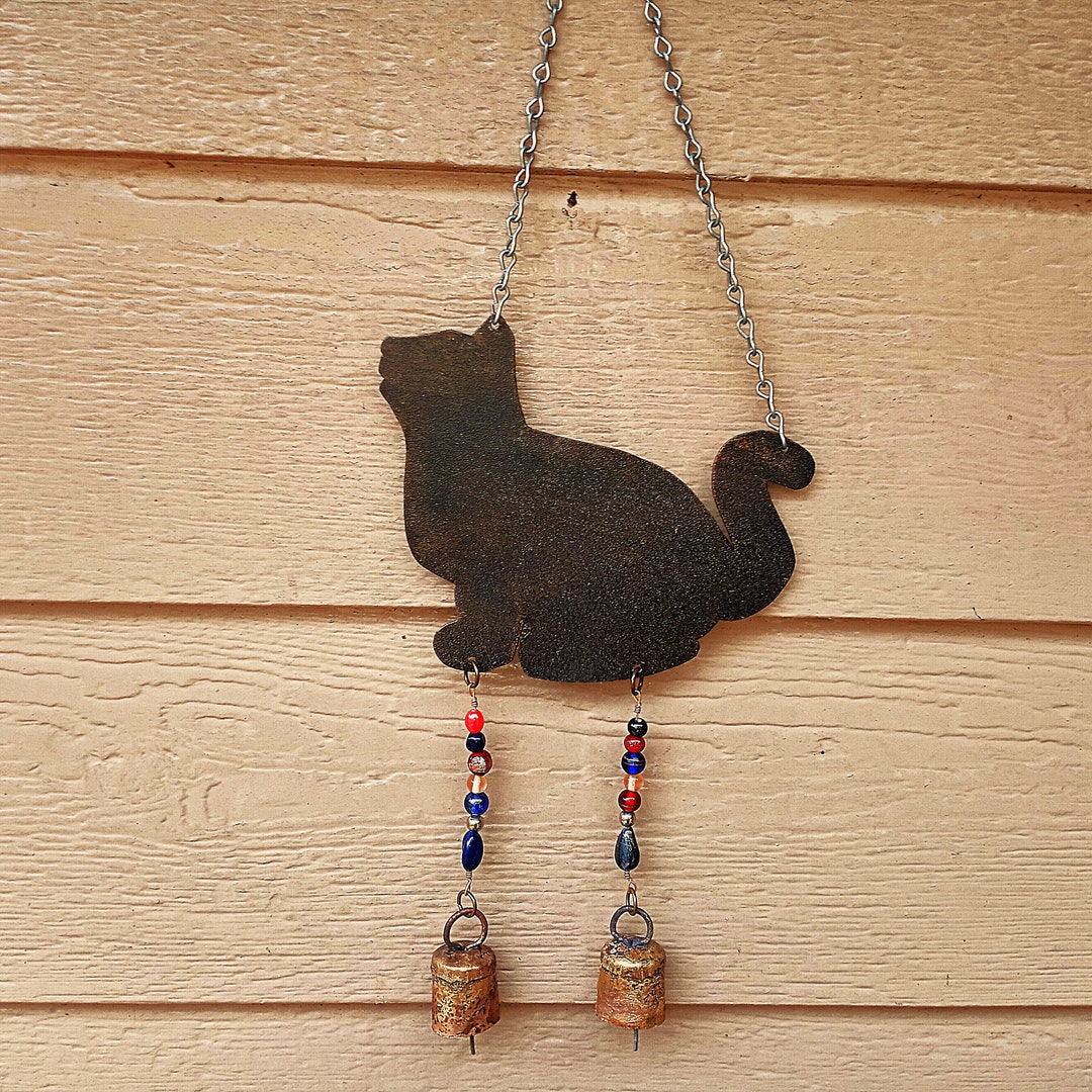 Jumping Kitty With Curled Tail Windchime: Recycled Metal With Glass ...