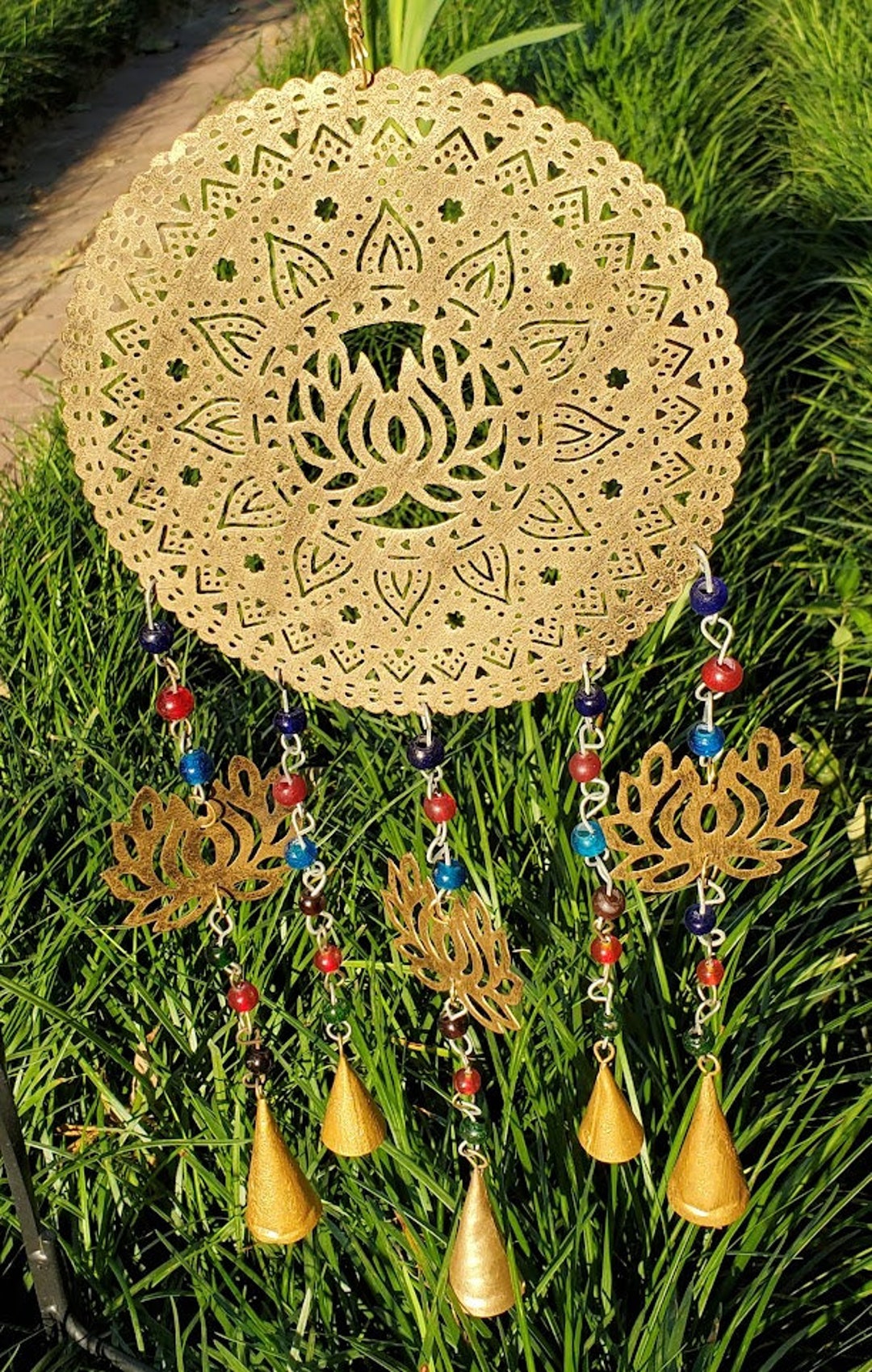 Lotus Metal Wind Chime: Red and Blue Glass Beads With 5 Reclaimed Bells ...