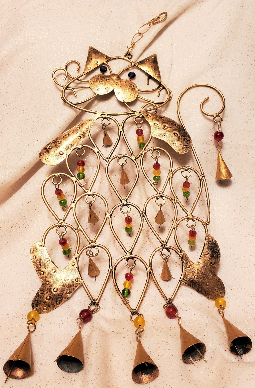 Cat Wind Chime: Antiqued Gold Finished Metal, 12 Reclaimed Bells ...