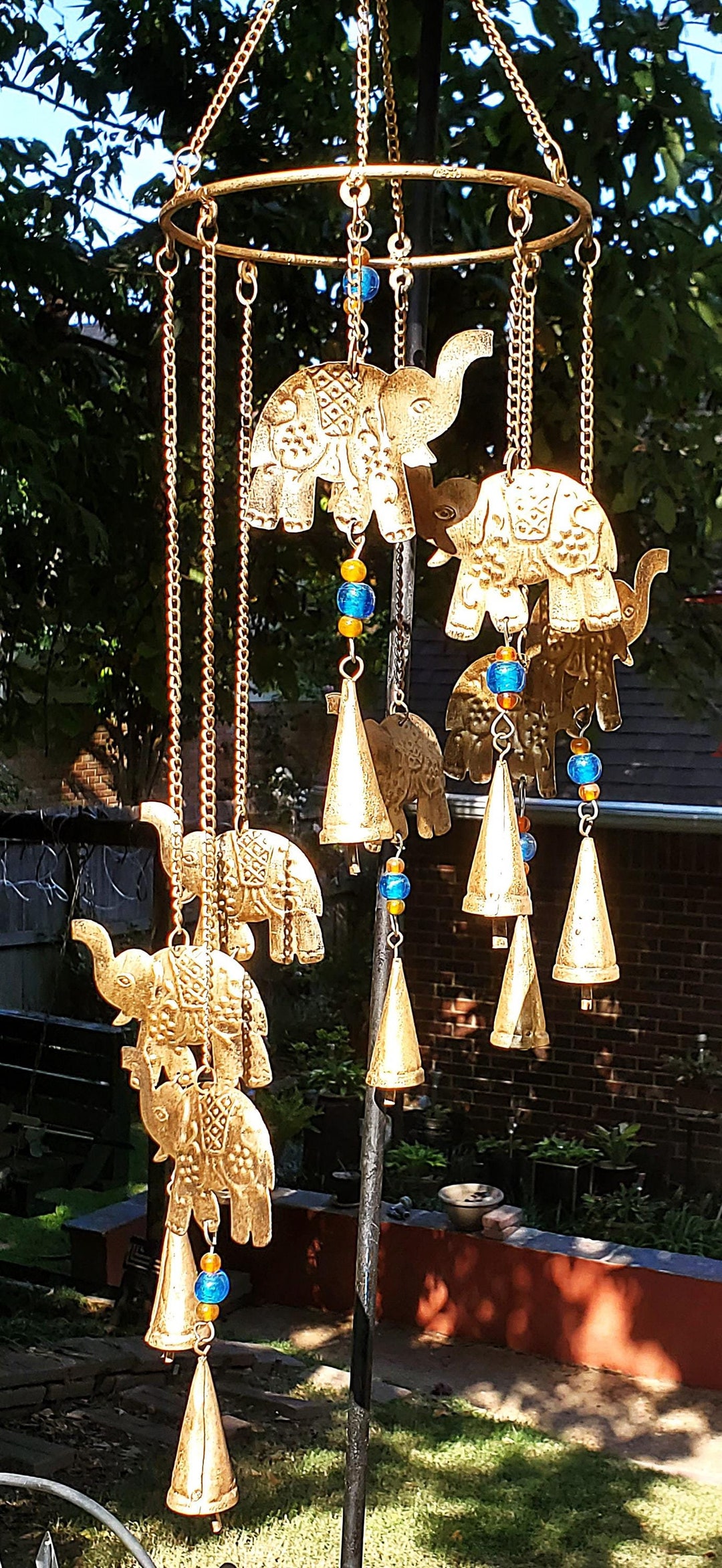 Carousel of 8 Elephants Wind Chime With 9 Reclaimed Bells and Orange ...