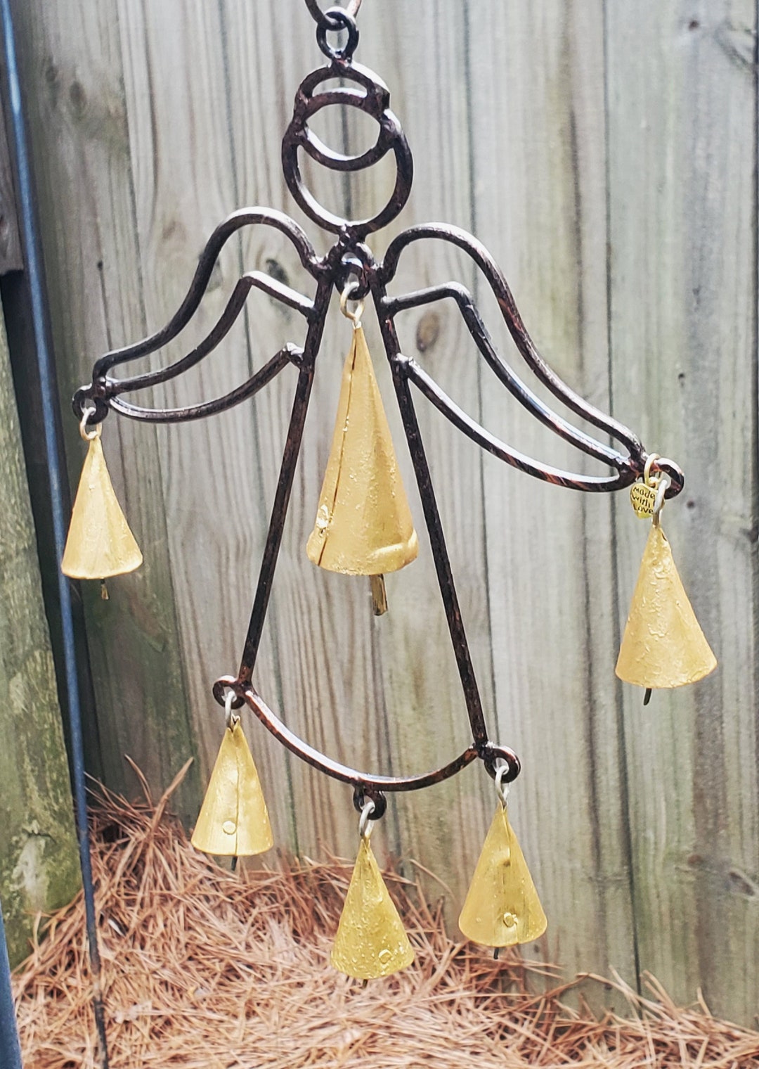 Golden Angel in a Wrought Iron Wind Chime With 6 Reclaimed Bells - for ...