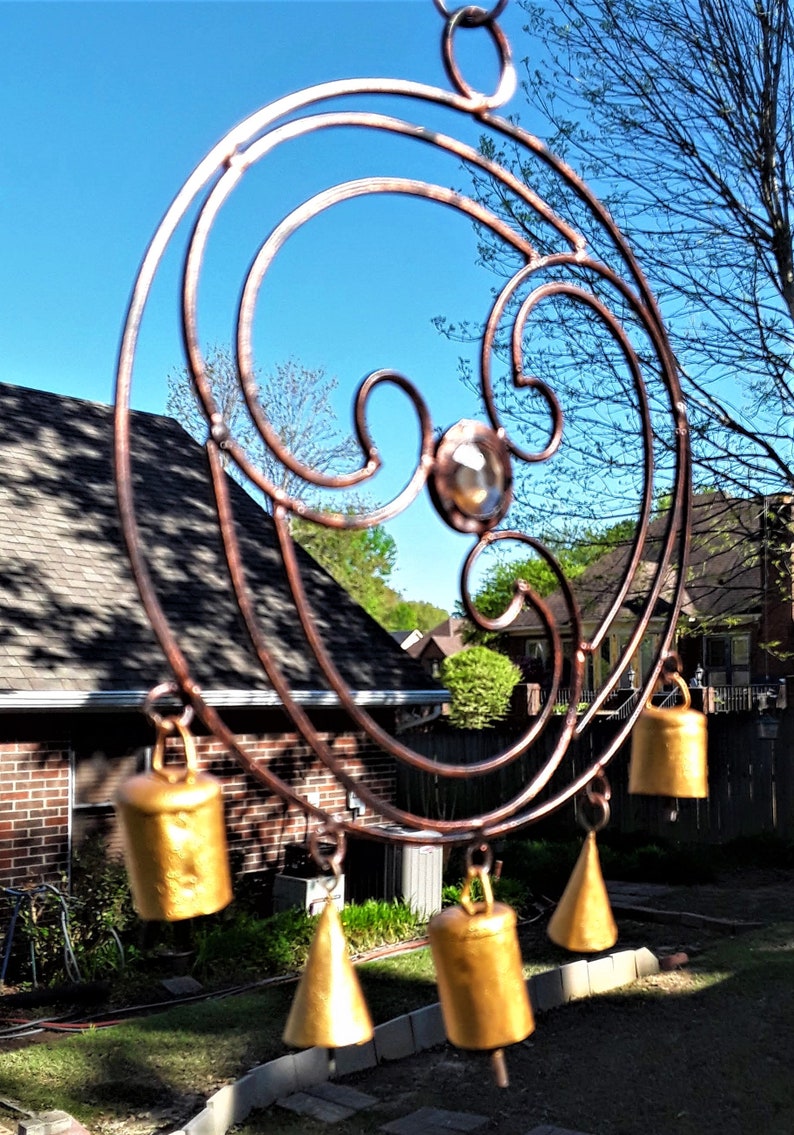Large Wrought Iron Scroll Wind Chime: Faceted Yellow Glass Center Stone ...