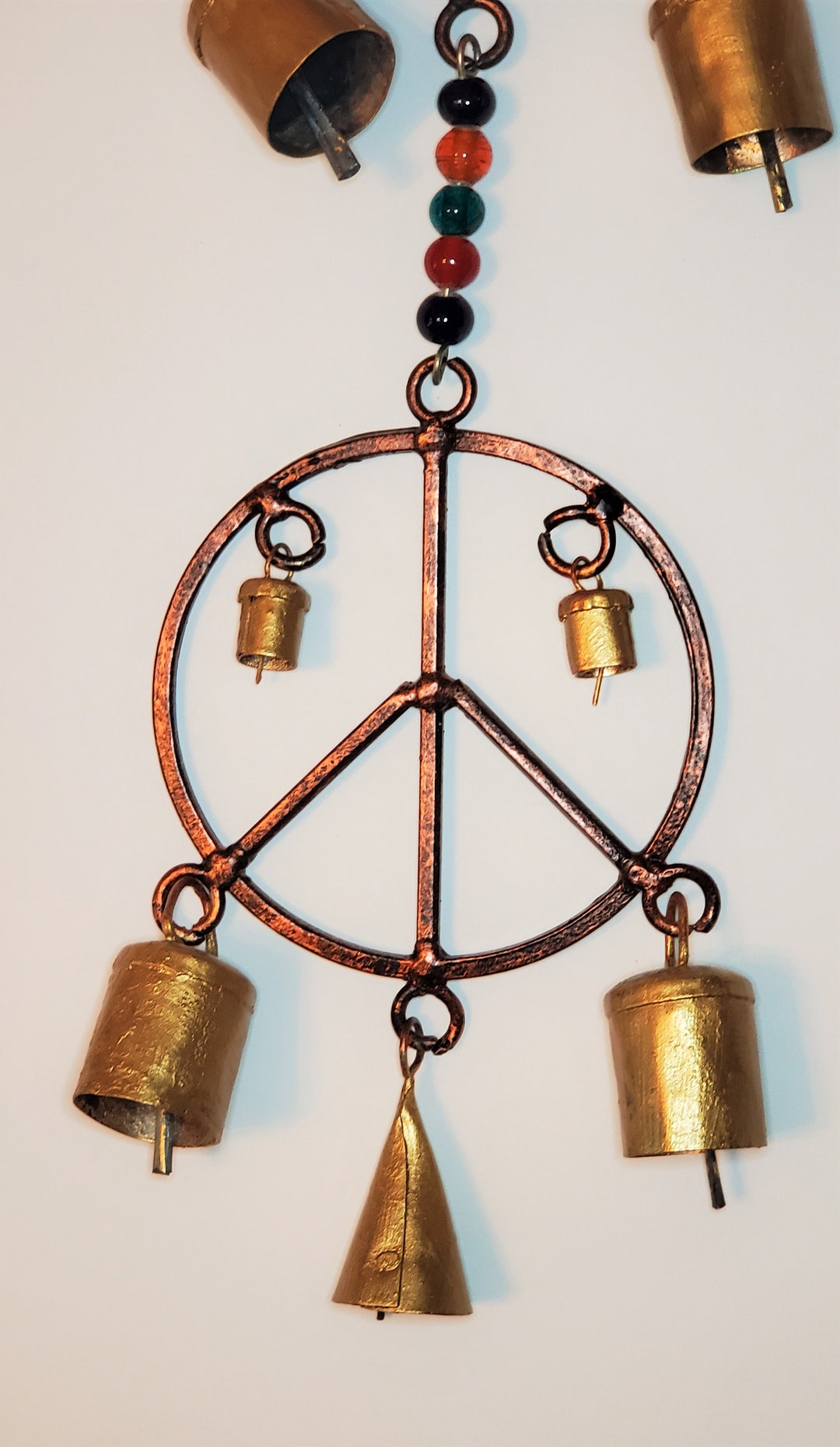 3 Peace Symbol Wind Chime: Wrought Iron, 13 Reclaimed Bells, Indoor ...