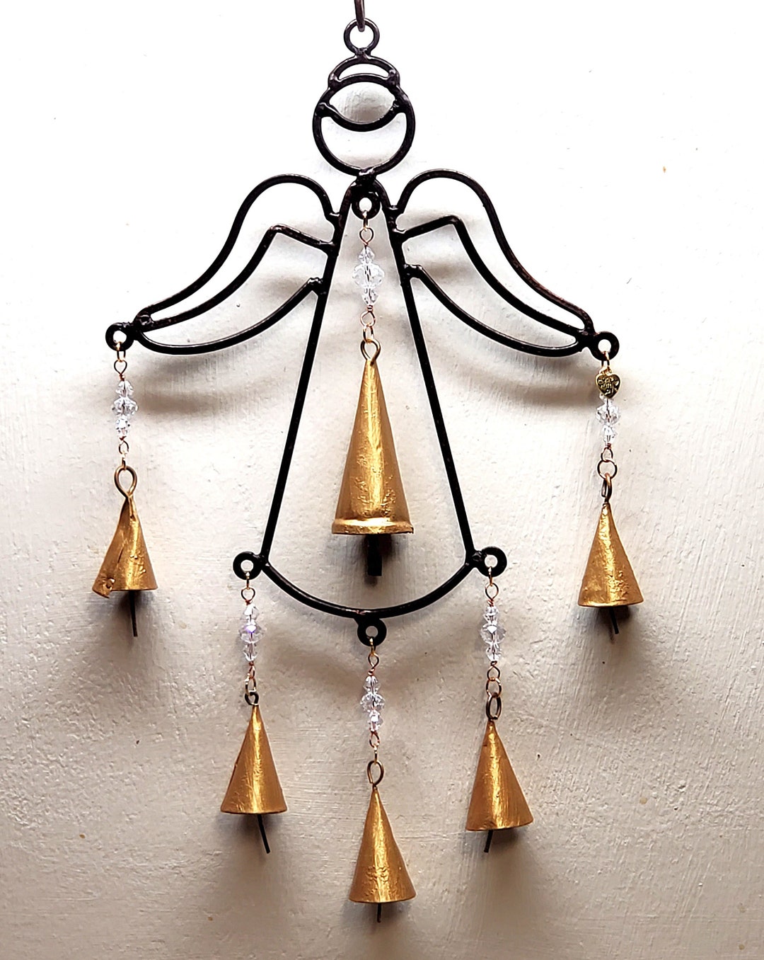 Glittering Angel in a Wrought Iron Wind Chime With Crystal Glass Beads ...