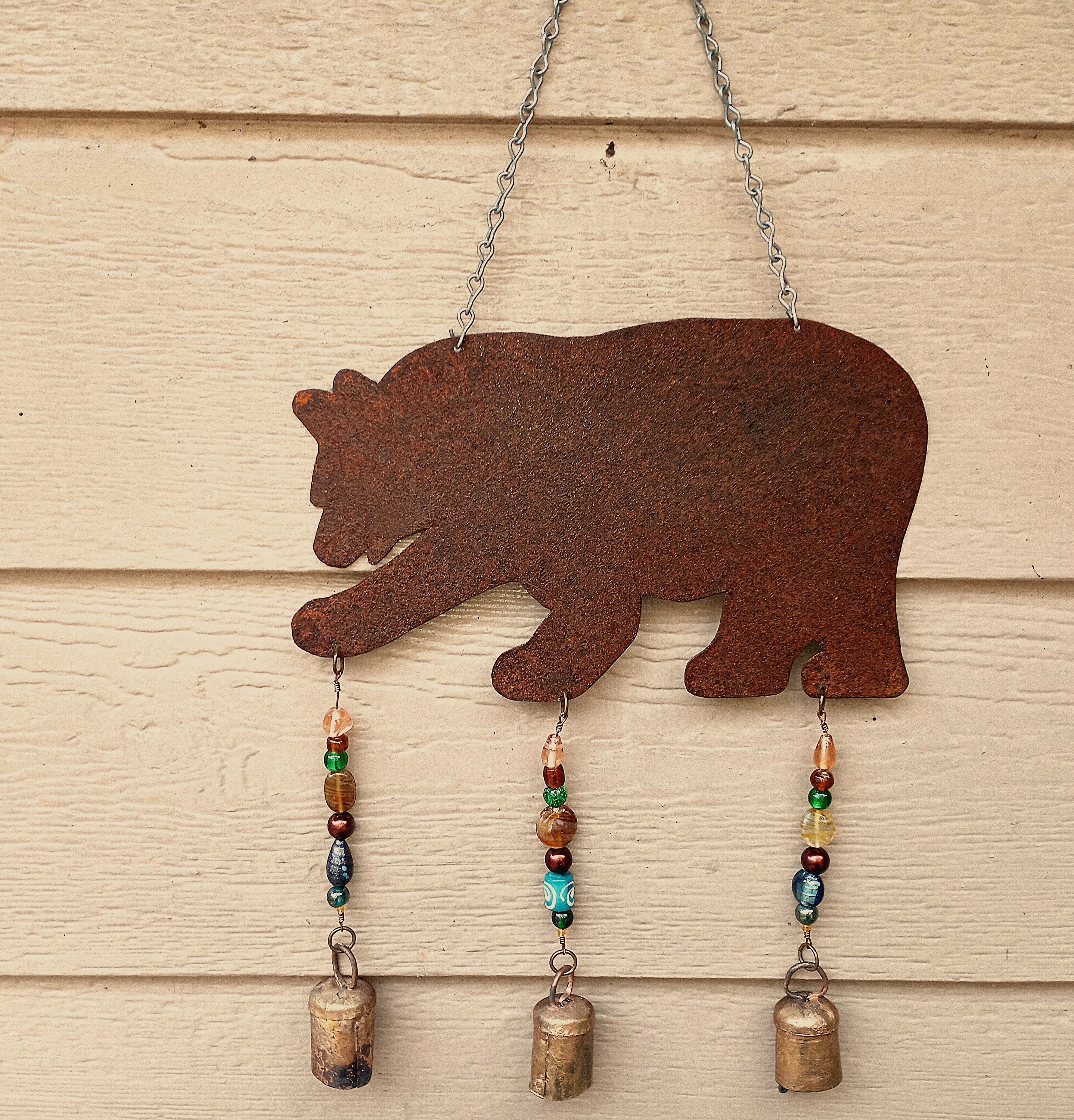 Textured Grizzly Bear Wind Chime: Recycled Metal, Rainbow Glass Beads ...