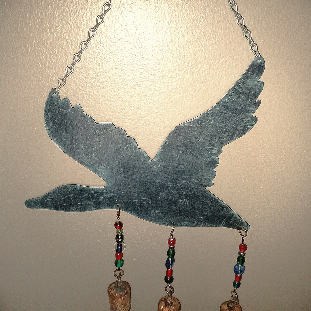 Flying Duck Windchime: Recycled Metal With Rainbow Glass Beads and 3 ...