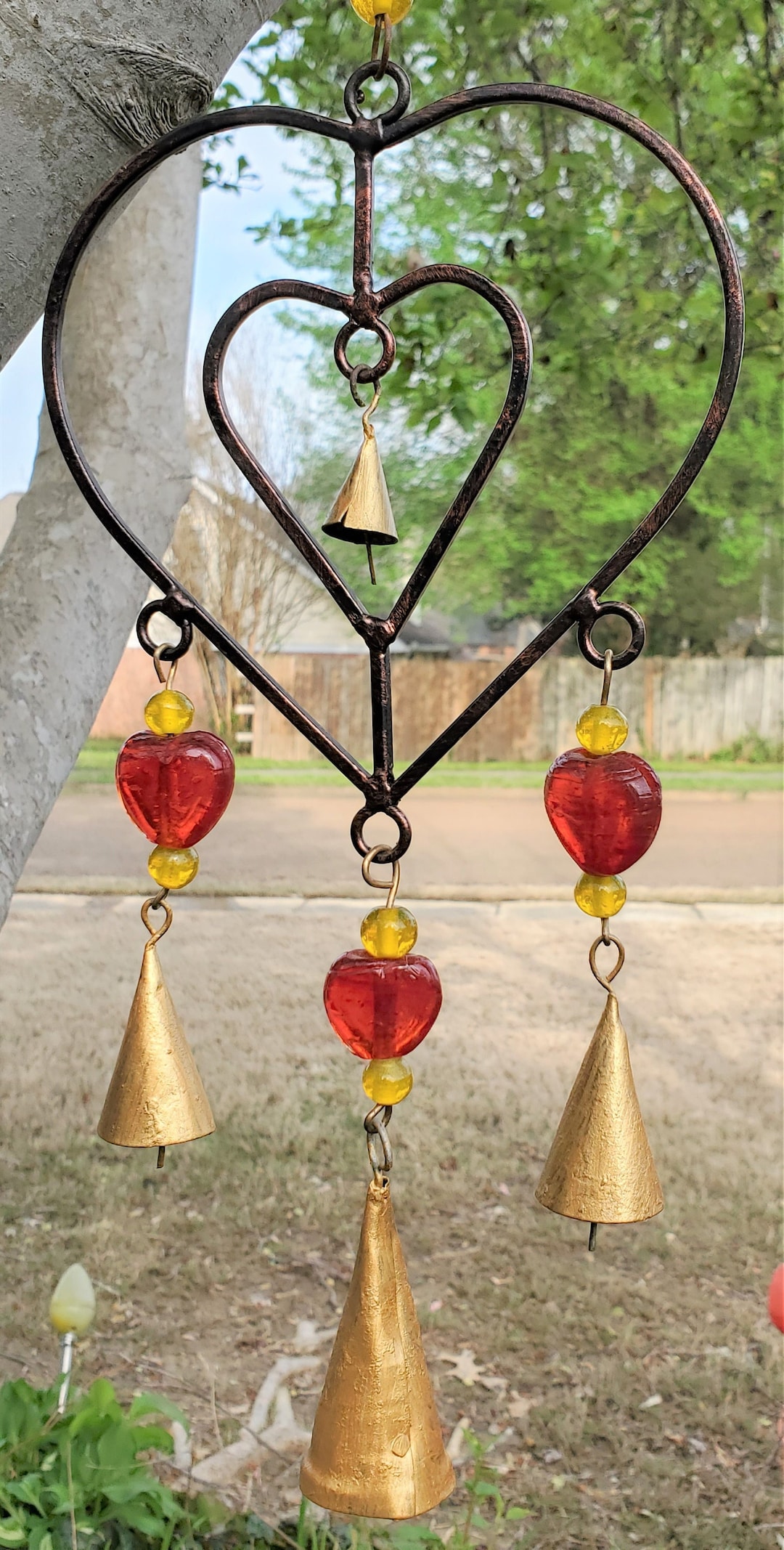 Wrought Iron Double Hearts Wind Chime Features Glass Heart Shaped Beads ...