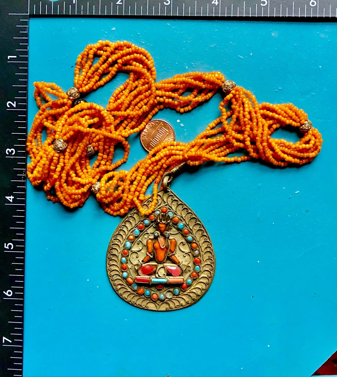 Vintage Buddha Deity God Goddess Necklace Coral Glass Brass Large ...