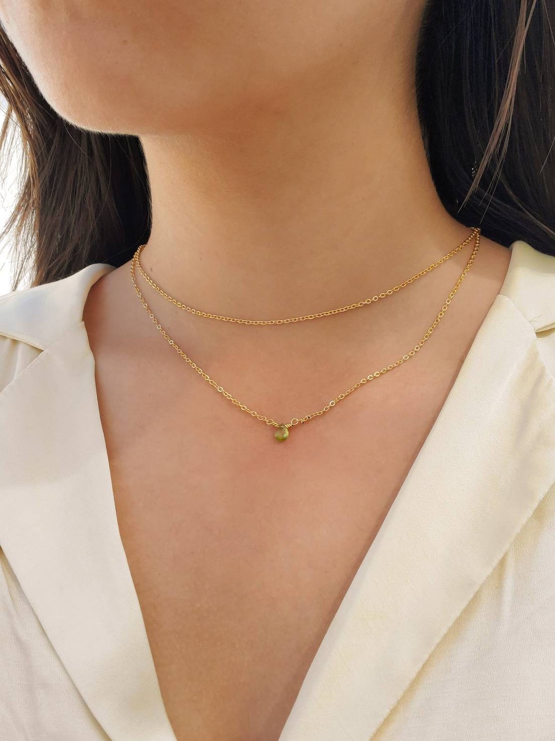 Peridot Dew Drop 24k Gold Plated Necklace Minimalist Dainty - Etsy
