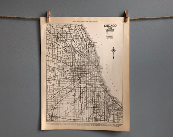 Vintage Chicago Map, Chicago IL Map Wall Art, Chicago Illinois Gift ...