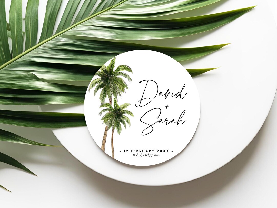Palm Tree Wedding Gift Tag, Circle Round Sticker Thank You Favor ...