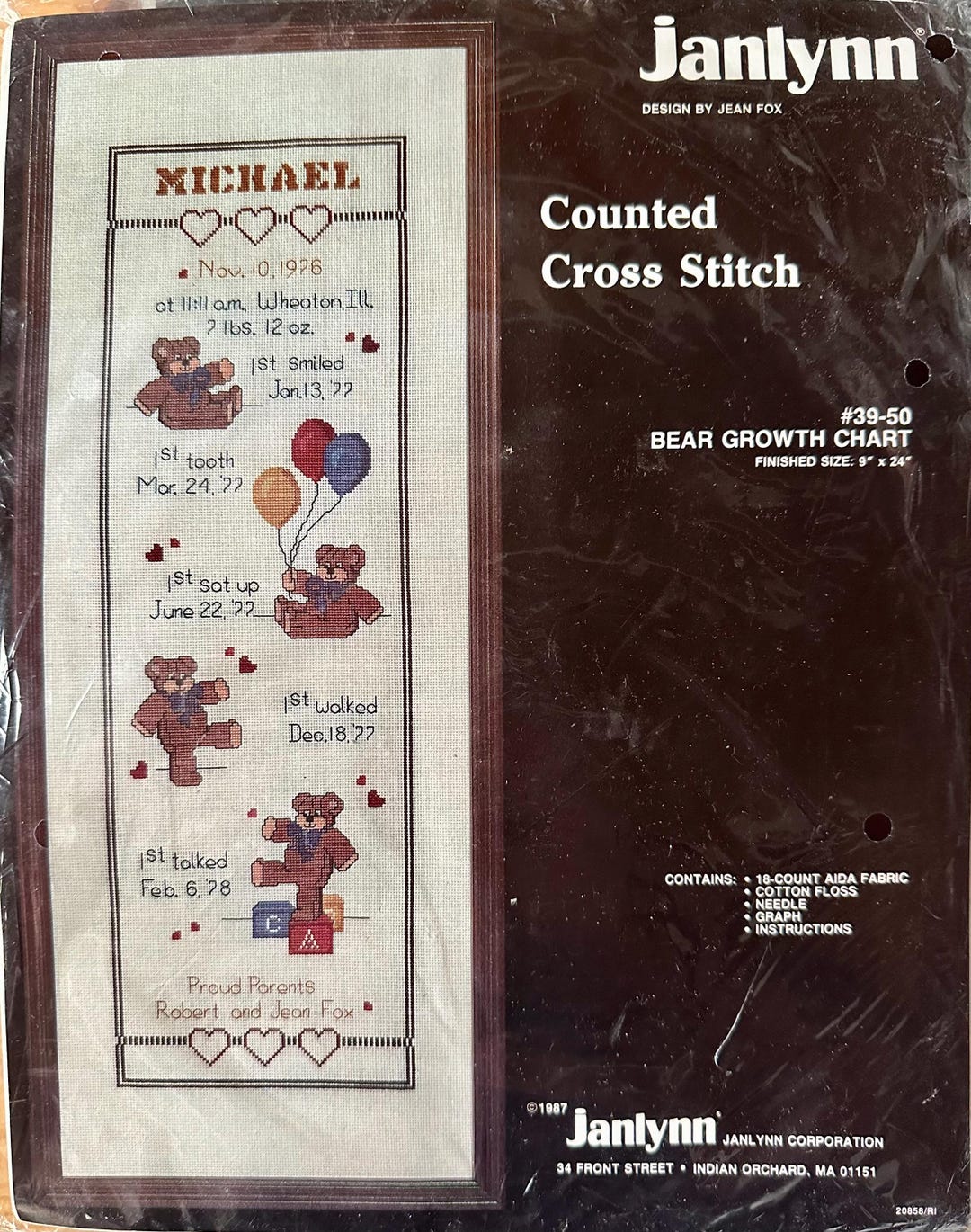 Bear Growth Chart BIRTH ANNOUNCEMENT Vintage 80s Janlynn Counted Cross ...