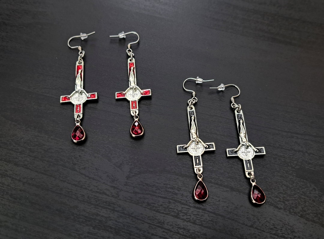Inverted Crucifix Earrings With Blood Drop, Red or Black - Etsy