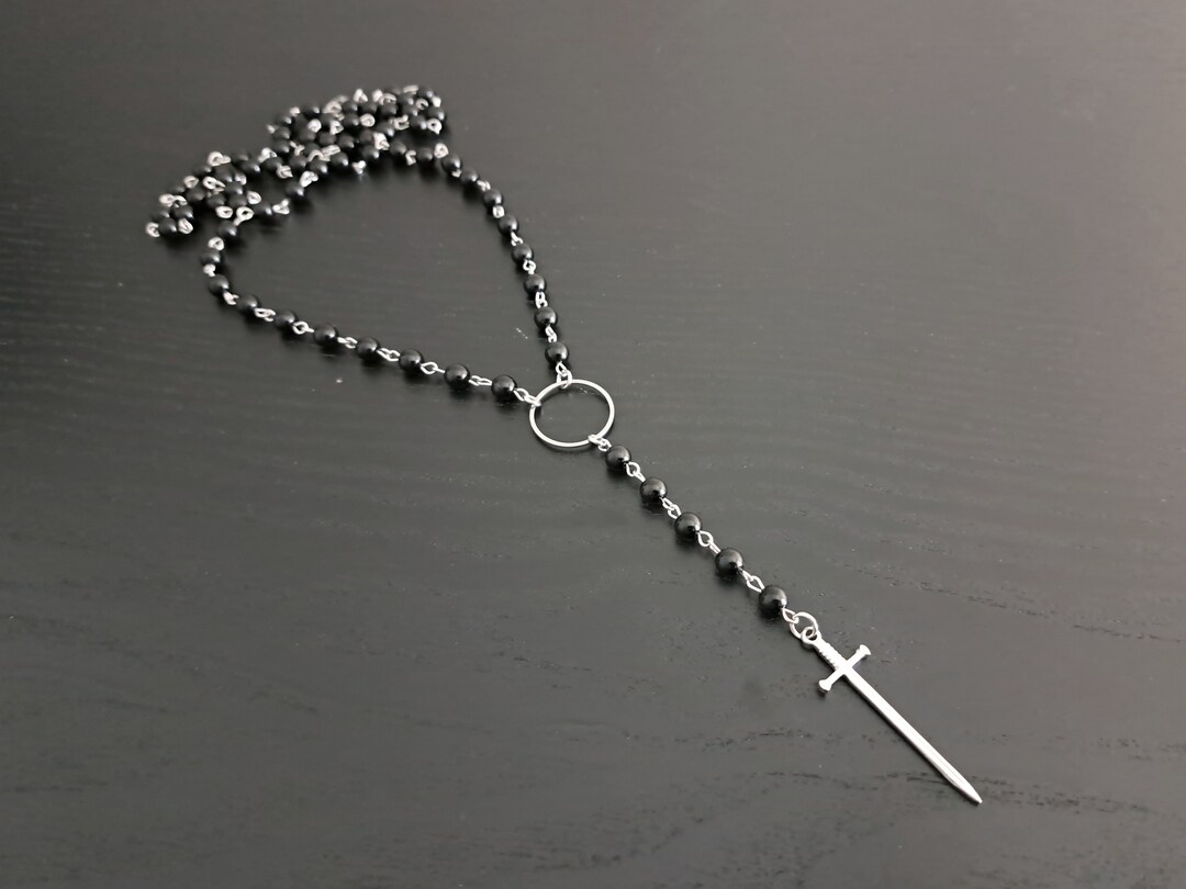 Black Rosary Necklace With Sword Pendant - Etsy