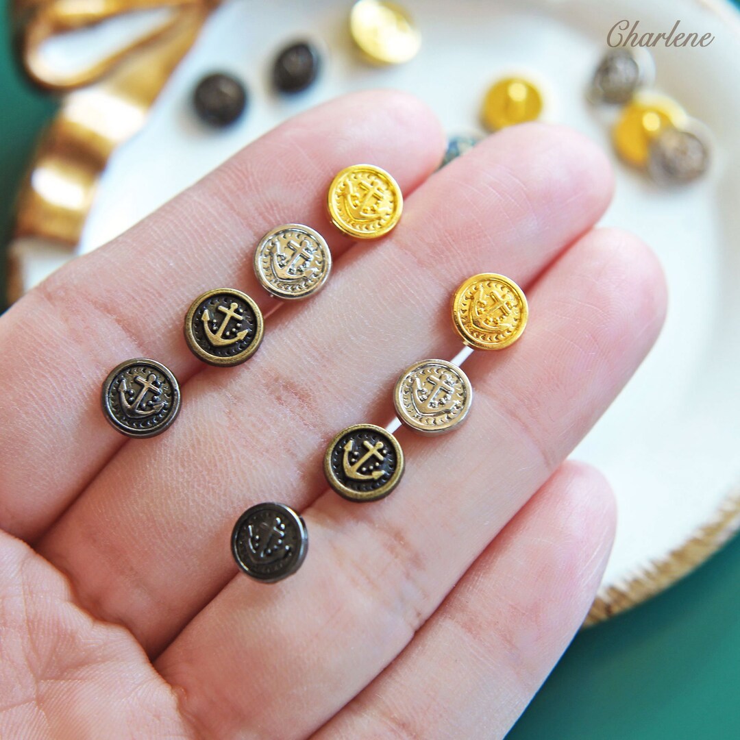 8mm Tiny Metal Round Nautical Anchor Shank Buttons, in 4 Colors, Doll ...