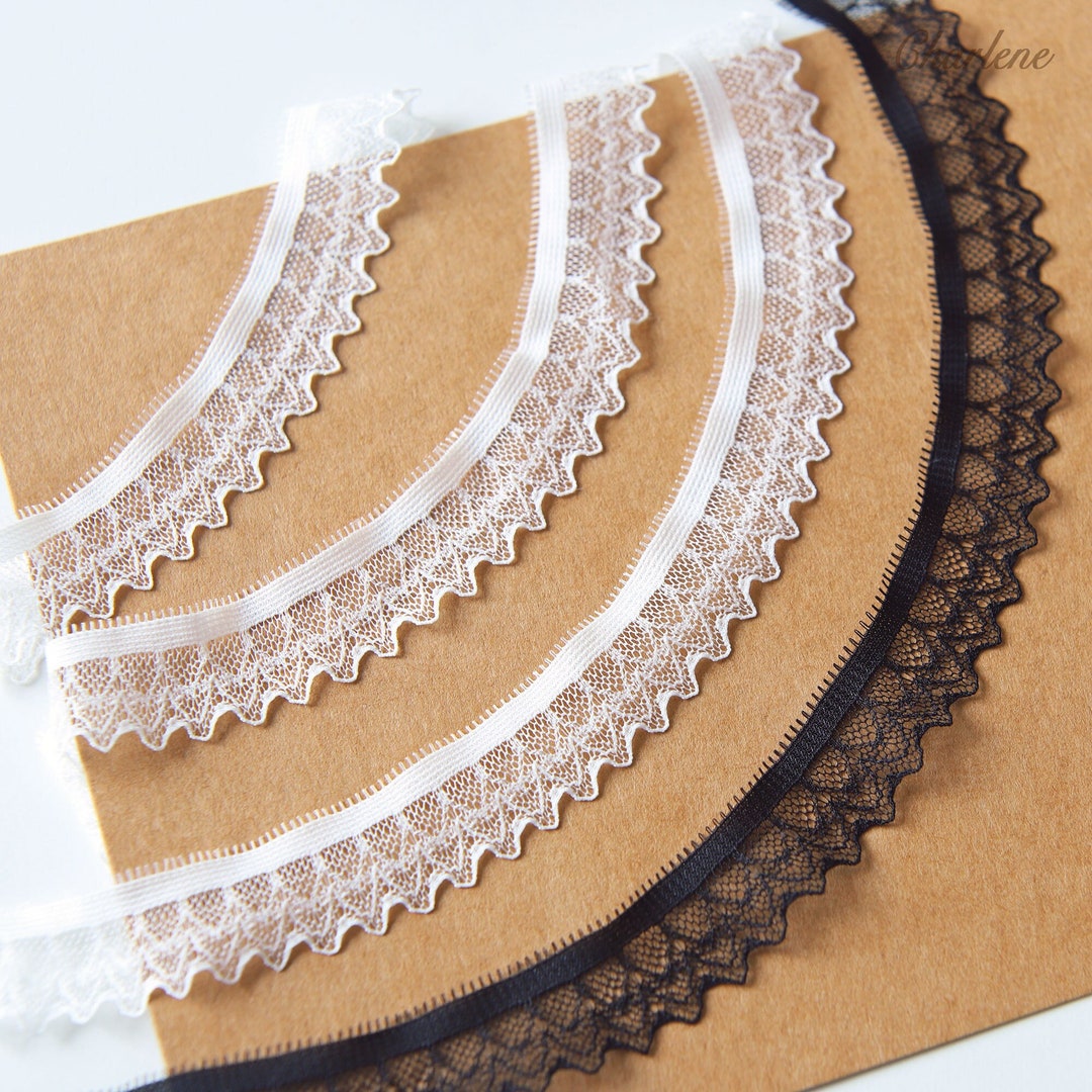 2 Yards - 17mm/0.7" Tiny White and Black Stretchy Nylon Lace Trim, Soft ...