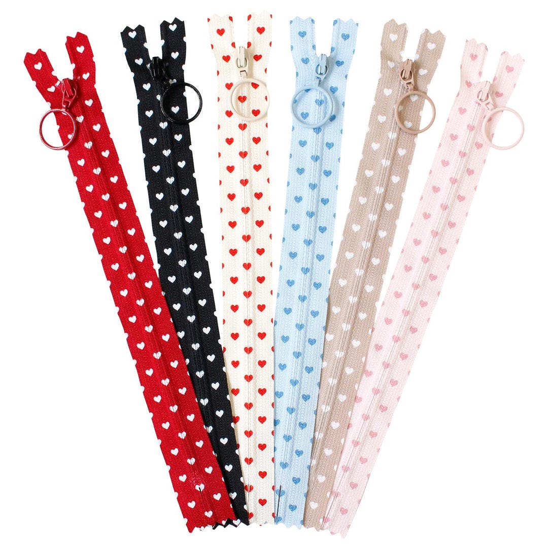 Set of 6 YKK Heart Print Cosed End Zippers With Big Round Pull 6 Color ...