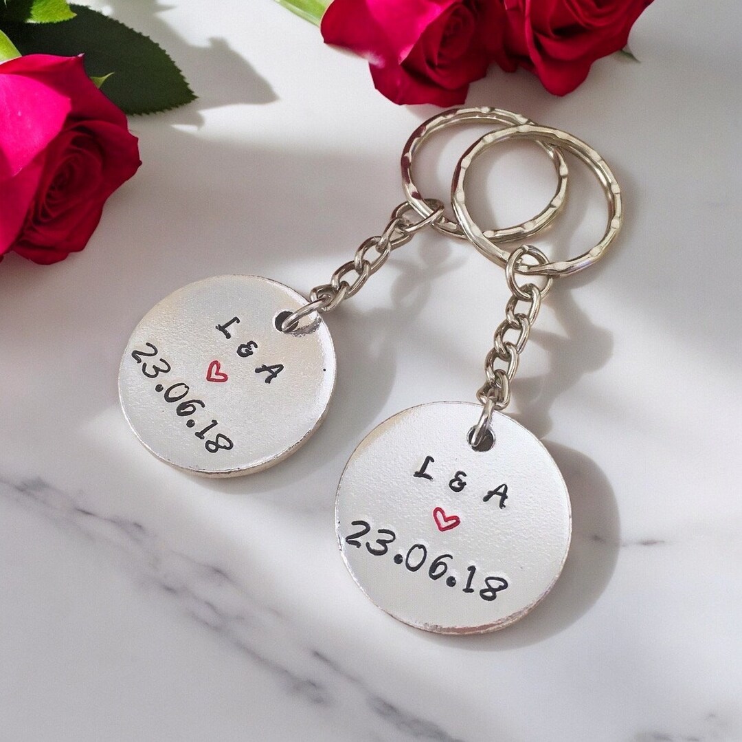 Matching Personalised Couples Keyrings, Date and Initials Keychains ...