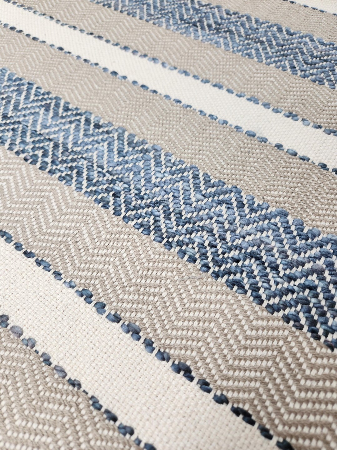 SALE REMNANT Blue, Tan and Beige Stripe Upholstery Pillow Fabric 24 ...