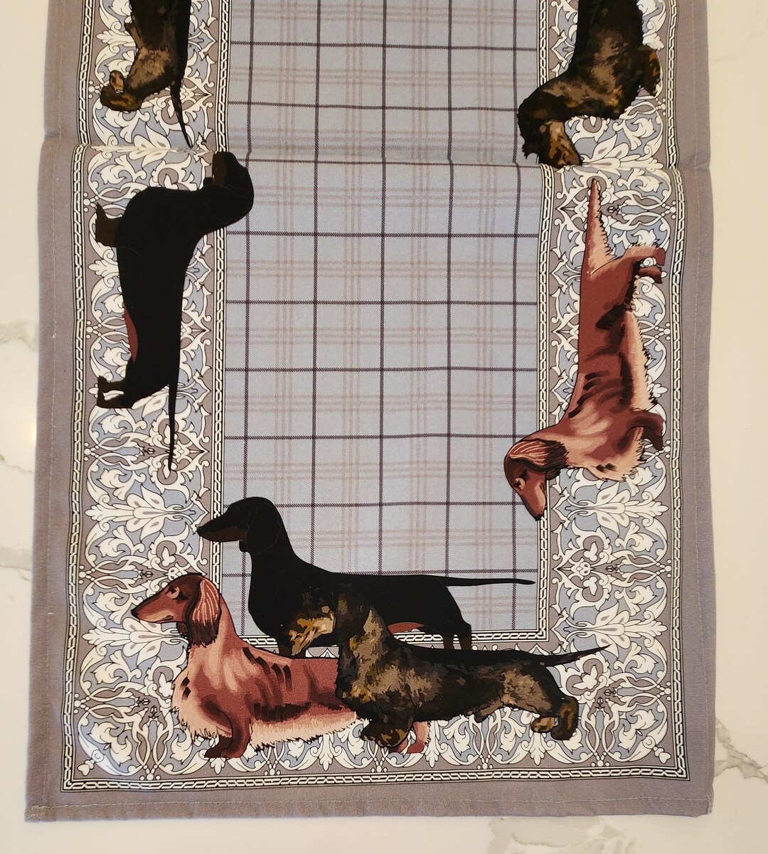 Dachshund Table Runner, Table Linen, Doxie, Greys, Browns, Taupe, 15 X ...