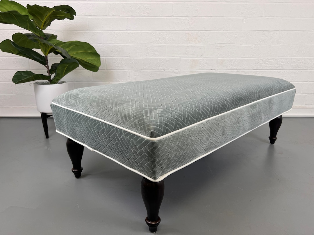 Velvet Ottoman Bench, Mid Century Modern, Storm Blue Grey With Genuine ...