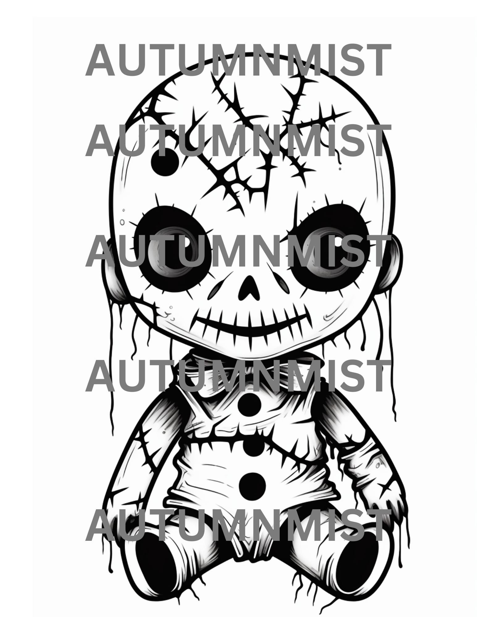 20 Page Cute Voodoo Doll Adult Coloring Book, Grayscale, Digital ...