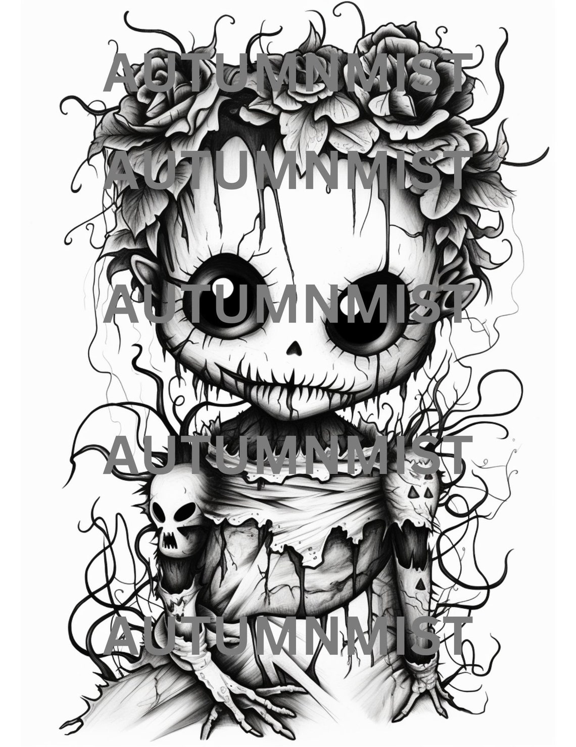 20 Page Cute Voodoo Doll Adult Coloring Book, Grayscale, Digital ...