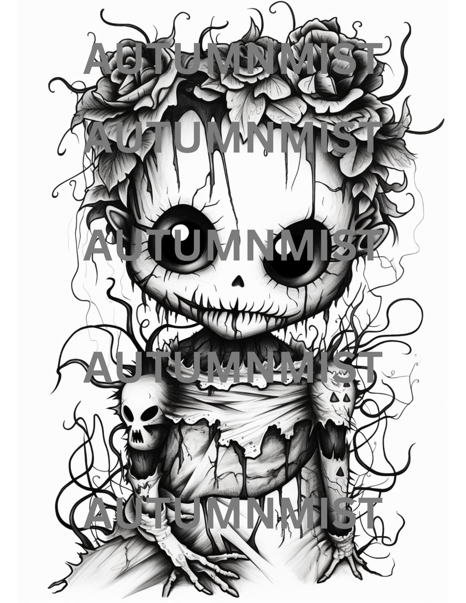 20 Page Cute Voodoo Doll Adult Coloring Book, Grayscale, Digital ...