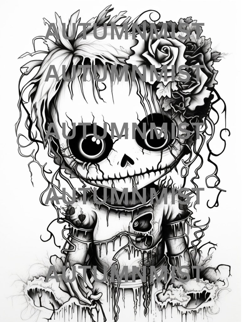 20 Page Cute Voodoo Doll Adult Coloring Book, Grayscale, Digital ...