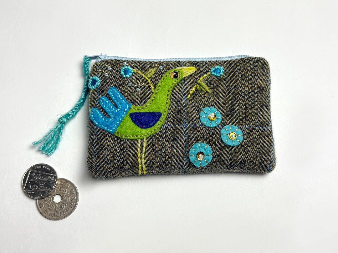 Green Herringbone Wool Check Coin Purse With Hand Appliquéd Peacock - Etsy
