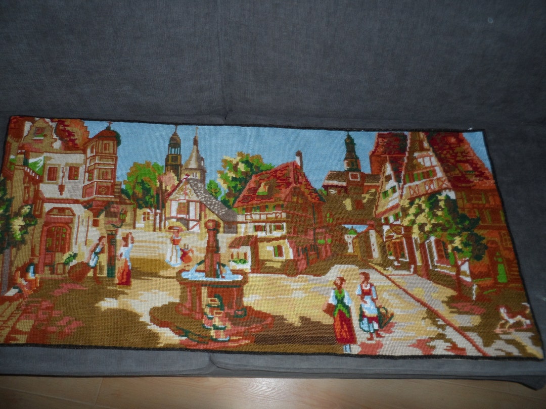 Large Spectacular Village Scene Gobelin Wall Hanging or Table Runner in ...