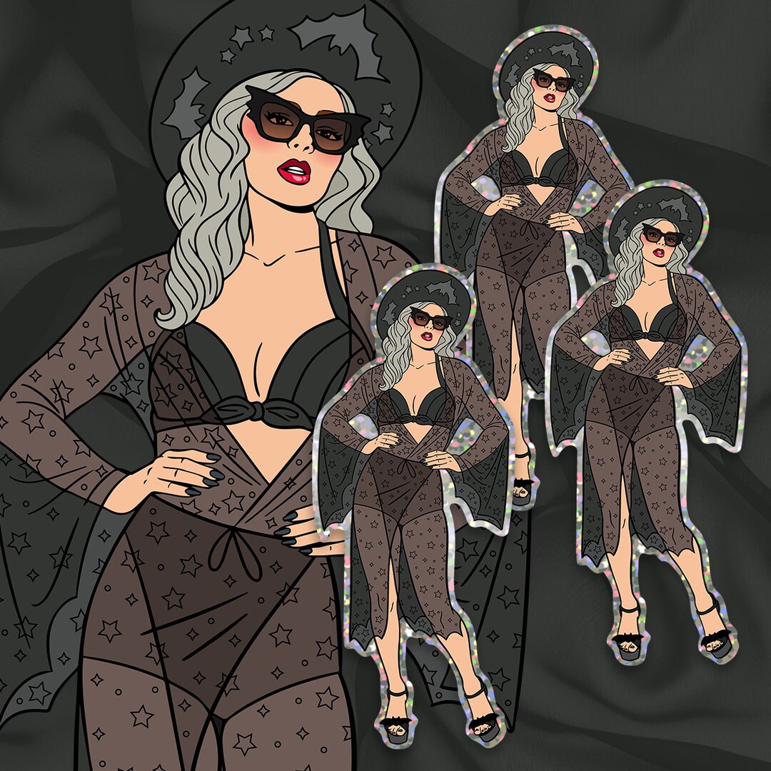 Glitter Goth Girl Pin-up Stickers Black Bat Bikini Witchy Babe Bathing Beauty Illustration ...