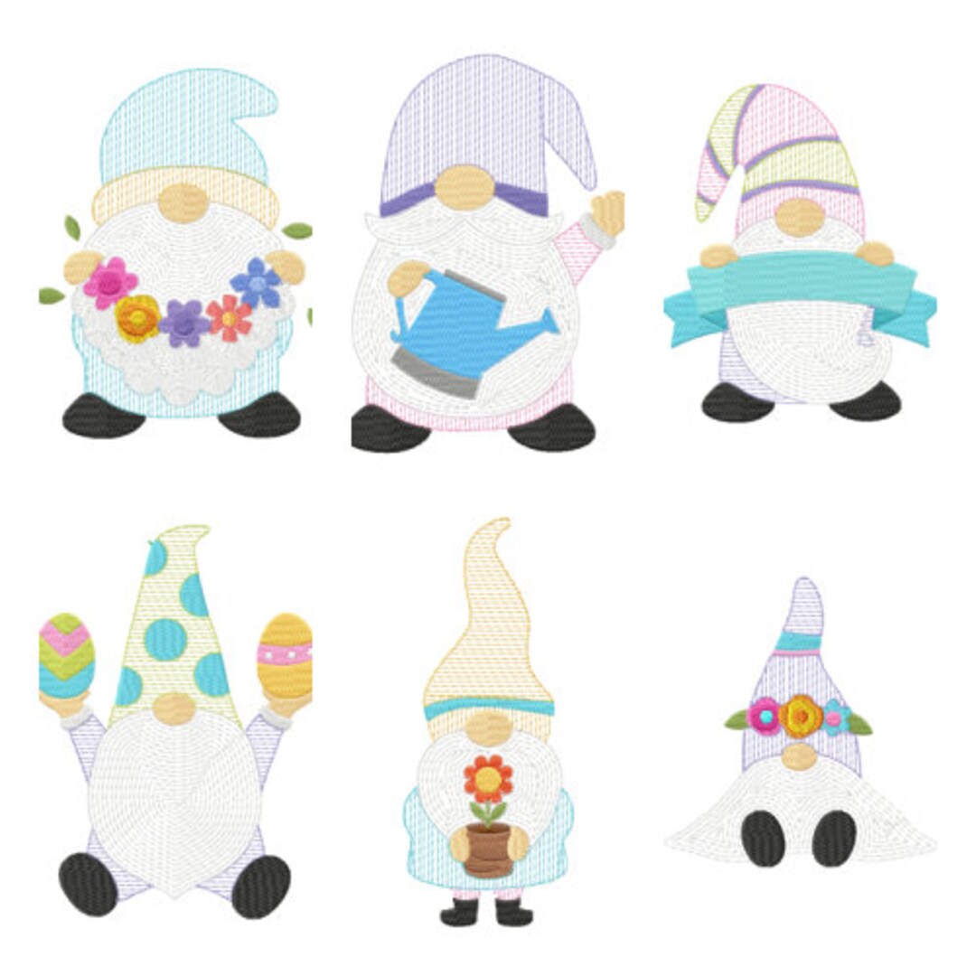 Set of 6 Spring Easter Gnomes Flower Water Can Banner Eggs Sketch ...