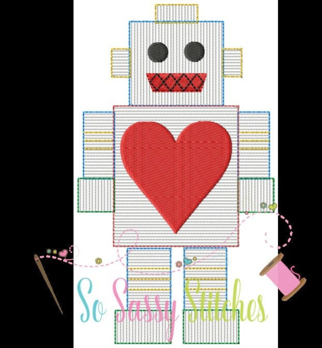 Valentines Sketch Embroidery Robot, Valentines Robot Embroidery Design ...