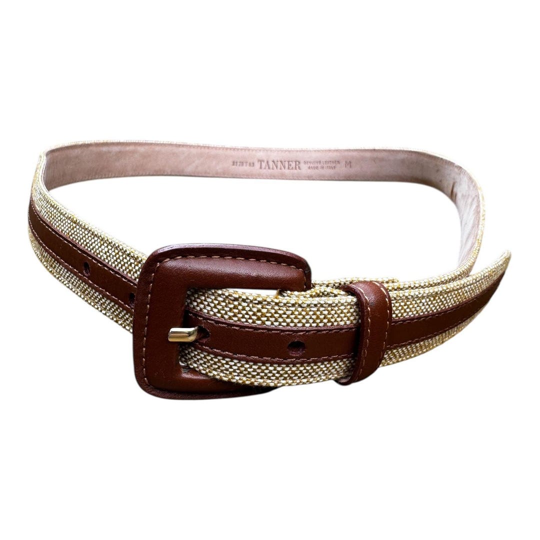 Tanner Woven Belt W/brown Genuine Leather Stripe & Buckle Italy Size M ...
