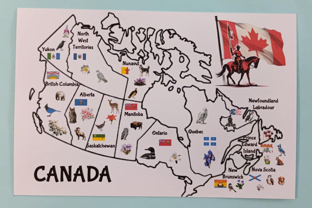 Canada Map Postcard Flag Symbols Flags Postcards - Etsy