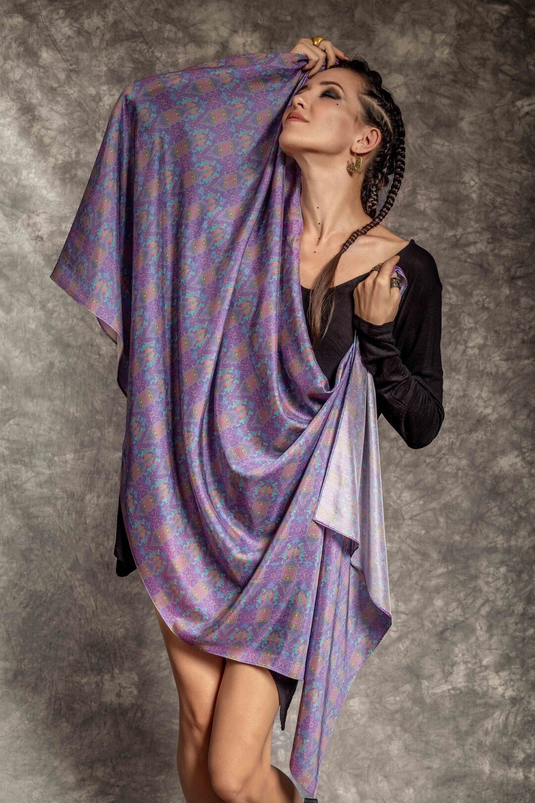 Shipibo Art Printed Silk Scarf, Designer Luxury Scarf, Long Purple ...