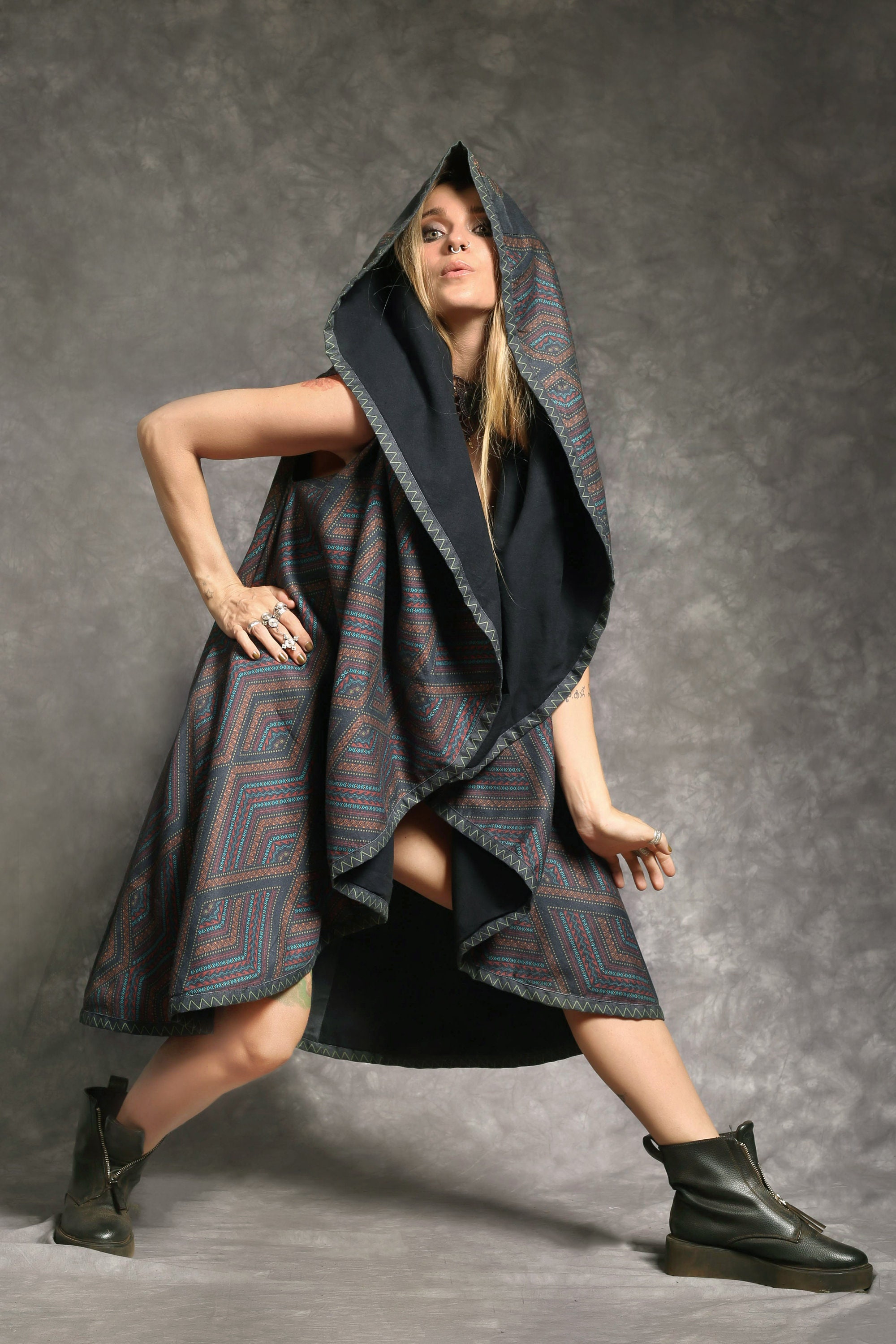 Reversible Kimono Boho Tribal Jacket, Hooded Cardigan, Cloak With Hood ...