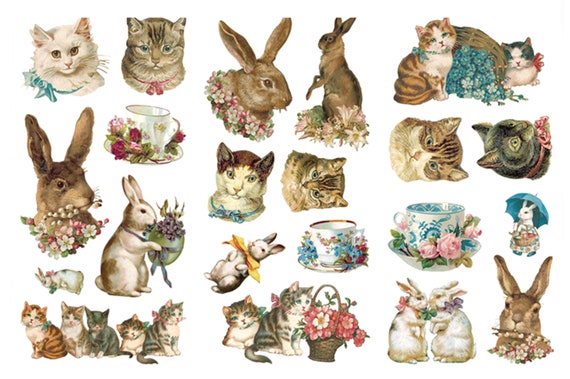 Rabbit & Cat Stickers Vintage Dull Old Kitten Bunny Flower Cup Animal ...