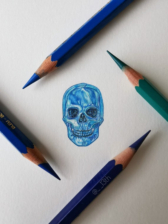 Blue Skull Drawing Miniature Artwork Original Framed - Etsy