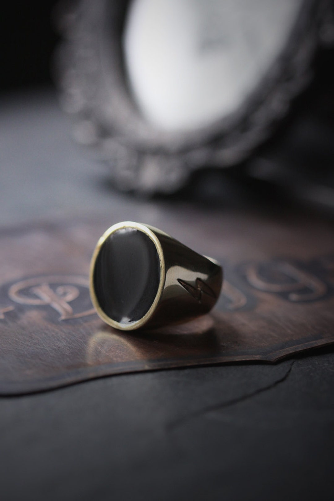 Simple Round Black Ring With Lightning Etching - Original Design and ...