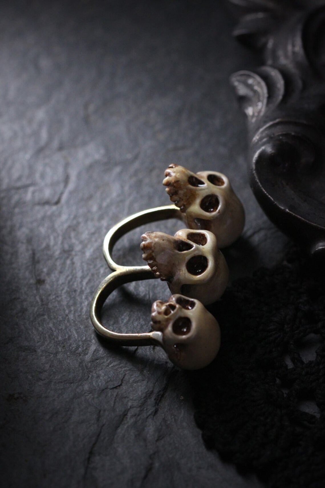 Three Human Skulls Double Ring. /hand Painted / Brass Silver and Gold ...