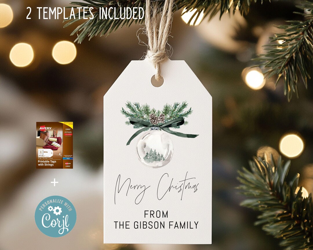 Minimalist Christmas Gift Tag Template, Merry Christmas Spruce Ornament ...