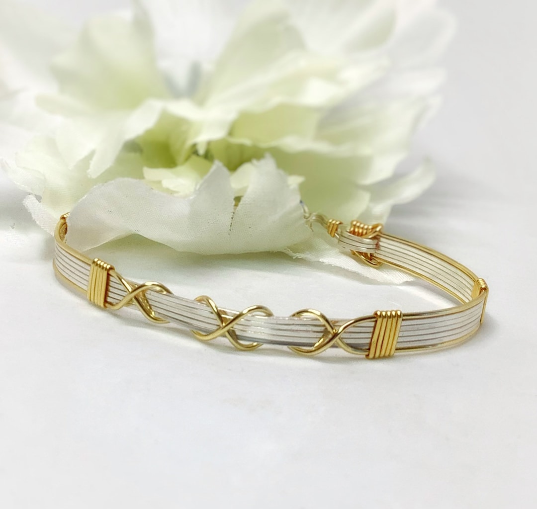 Three Kisses Silver and Gold Wire Bracelet Two Tone Minimalist Bracelet ...