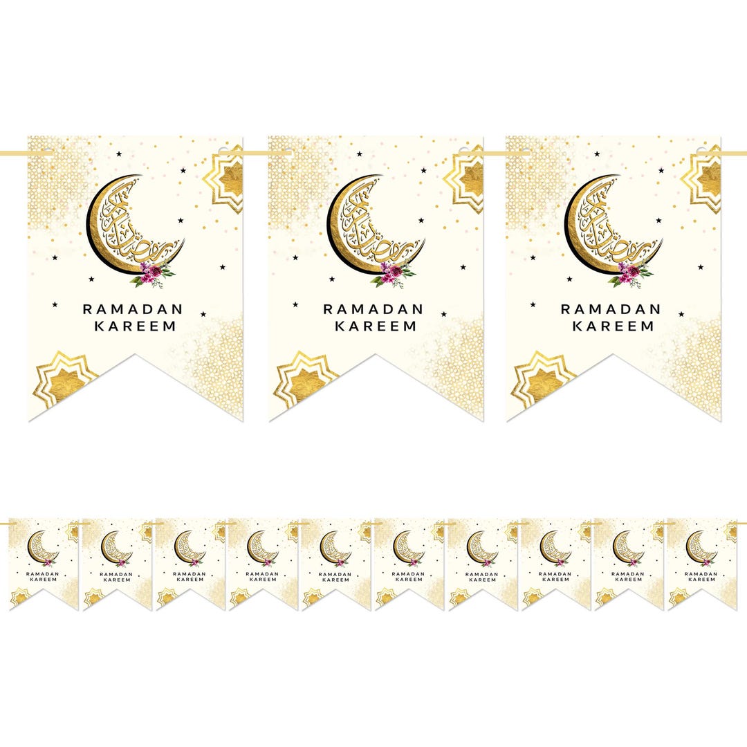 Ramadan Kareem Crescent Moon Bunting | Cream & Gold | 10 Double Sided ...