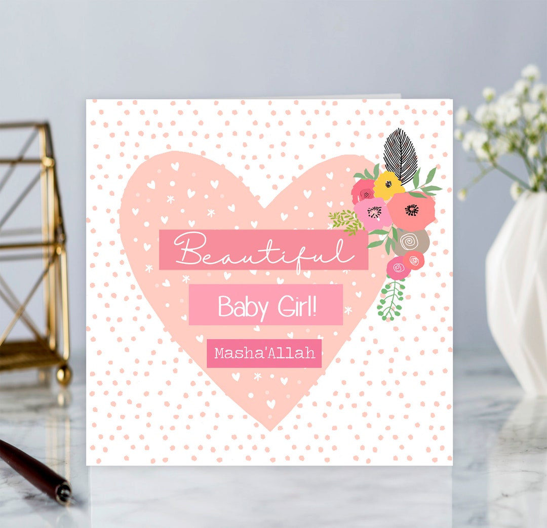 Masha'allah Baby Girl Islamic Greeting Card With Pink Heart - BJ02 - Etsy