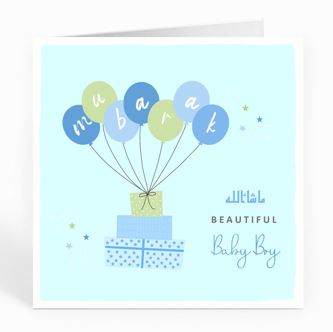 New Baby Boy Mubarak Islamic Greeting Card, Blue Balloons, Son Dua Card ...