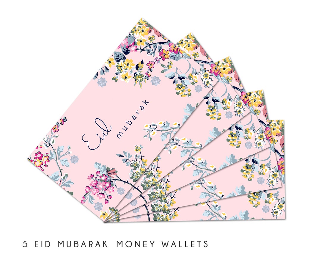 Multipack of 5 Pink Floral Eid Mubarak Money Wallets | Eid Gift Cards ...
