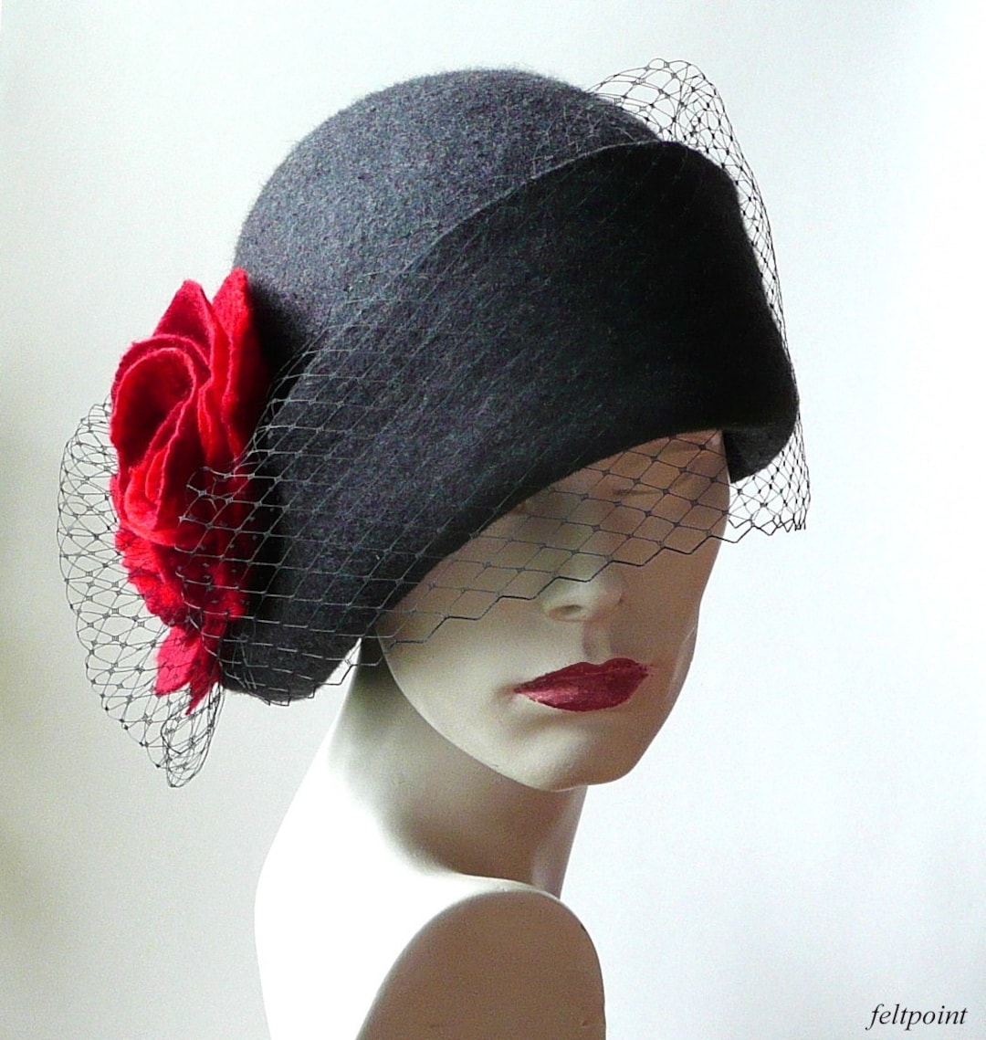 Gray Veil Hat, Felted Hat, Felt Hats,veil Hat,1920 Hat,gray Cloche ...