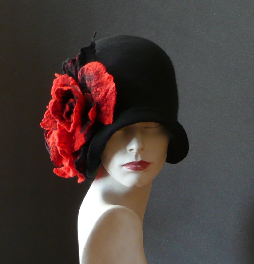 1920s Flapper Cloche Hat: Black Felted Wool With Poppy - Etsy